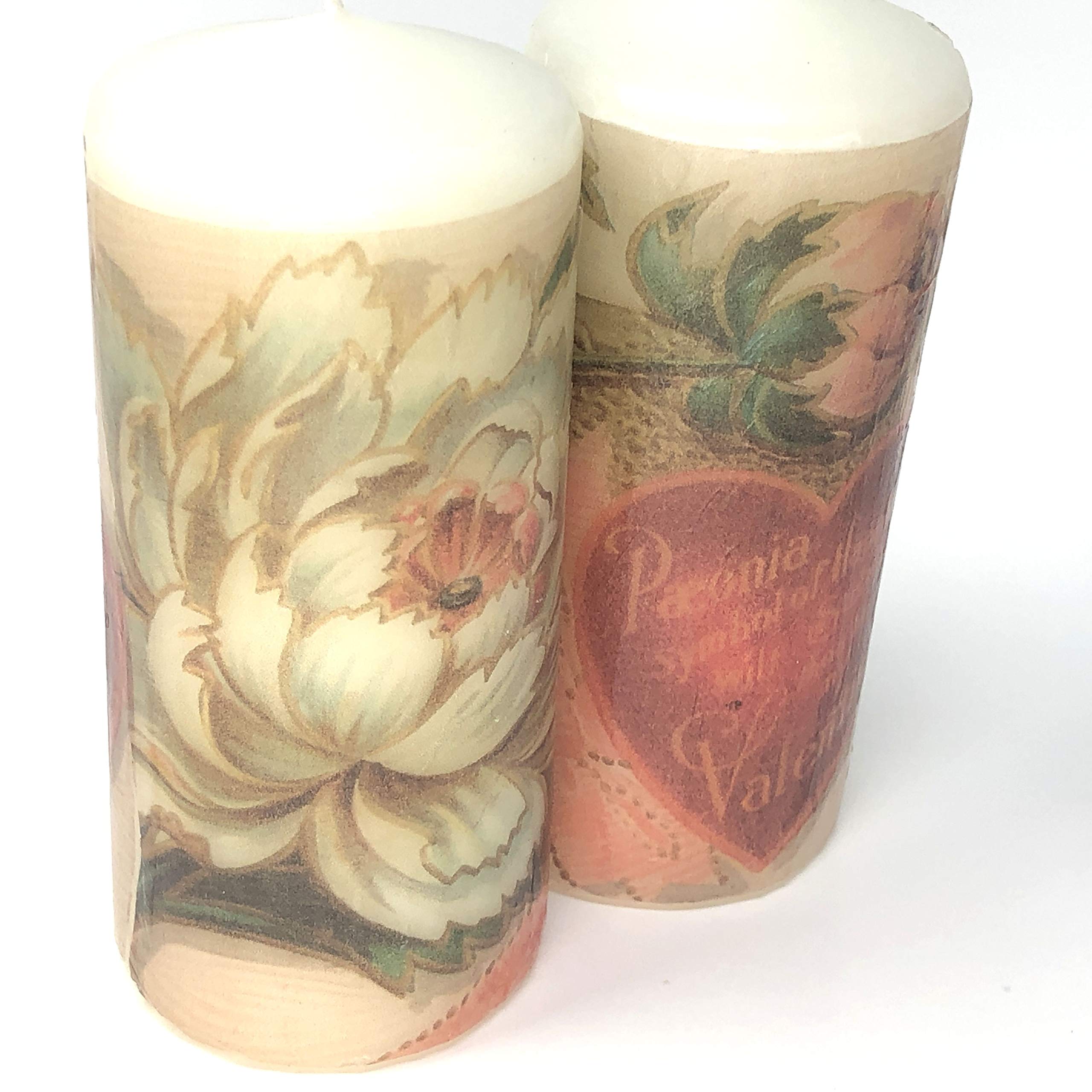 valentine's day antique hart and flowers, handmade 2 pieces set Decoupage up cycle pillar candle 2 x 4 inches tall white unscented centerpiece, hand decorated