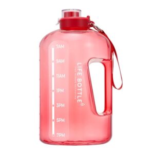 life bottle 1 gallon water bottle with straw lid and chug lid, leakproof water jug. big water bottle with time marker, no quotes. 128 oz water bottle with handle and straw, bpa free water bottles