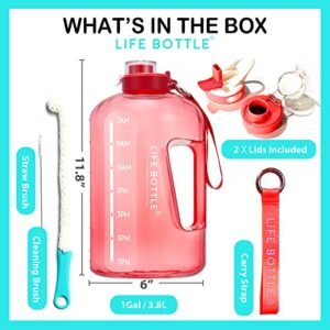 Life Bottle 1 Gallon Water Bottle with Straw Lid and Chug Lid, Leakproof Water Jug. Big Water Bottle with Time Marker, No Quotes. 128 oz Water Bottle with Handle and Straw, BPA Free Water Bottles