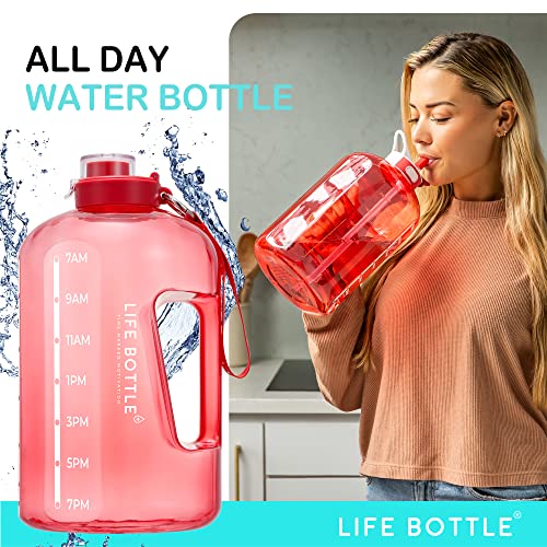 Life Bottle 1 Gallon Water Bottle with Straw Lid and Chug Lid, Leakproof Water Jug. Big Water Bottle with Time Marker, No Quotes. 128 oz Water Bottle with Handle and Straw, BPA Free Water Bottles