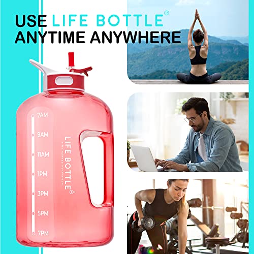 Life Bottle 1 Gallon Water Bottle with Straw Lid and Chug Lid, Leakproof Water Jug. Big Water Bottle with Time Marker, No Quotes. 128 oz Water Bottle with Handle and Straw, BPA Free Water Bottles