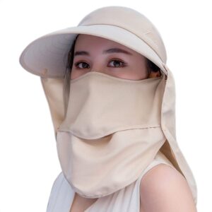 women summer sun protection hat wide brim uv hats removable neck face flap cap with ponytail hole for fishing climbing gardening beige