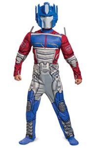 disguise optimus prime costume, muscle transformer costumes for boys, padded character jumpsuit, kids size small (4-6) blue & red