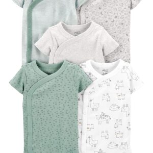 Simple Joys by Carter's Baby 5-Pack Side Snap Short-Sleeve Bodysuit, Green/Grey Forest Animals/Light Grey Heather/Mint Green Stripe/White Llama, 3-6 Months