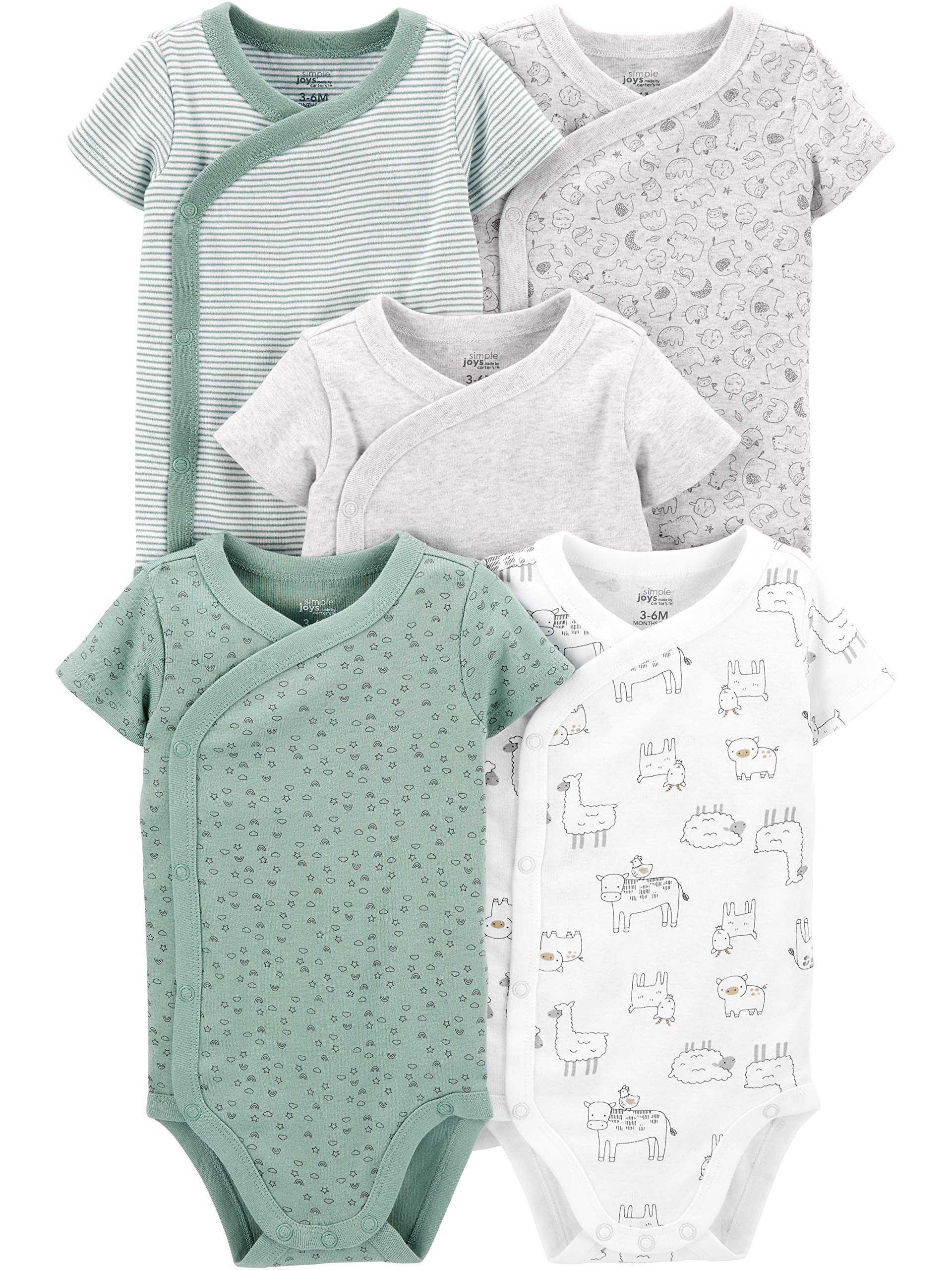 Simple Joys by Carter's Baby 5-Pack Side Snap Short-Sleeve Bodysuit, Green/Grey Forest Animals/Light Grey Heather/Mint Green Stripe/White Llama, 3-6 Months