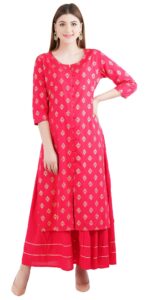 arayna women's rayon printed kurta with skirt set, red, large