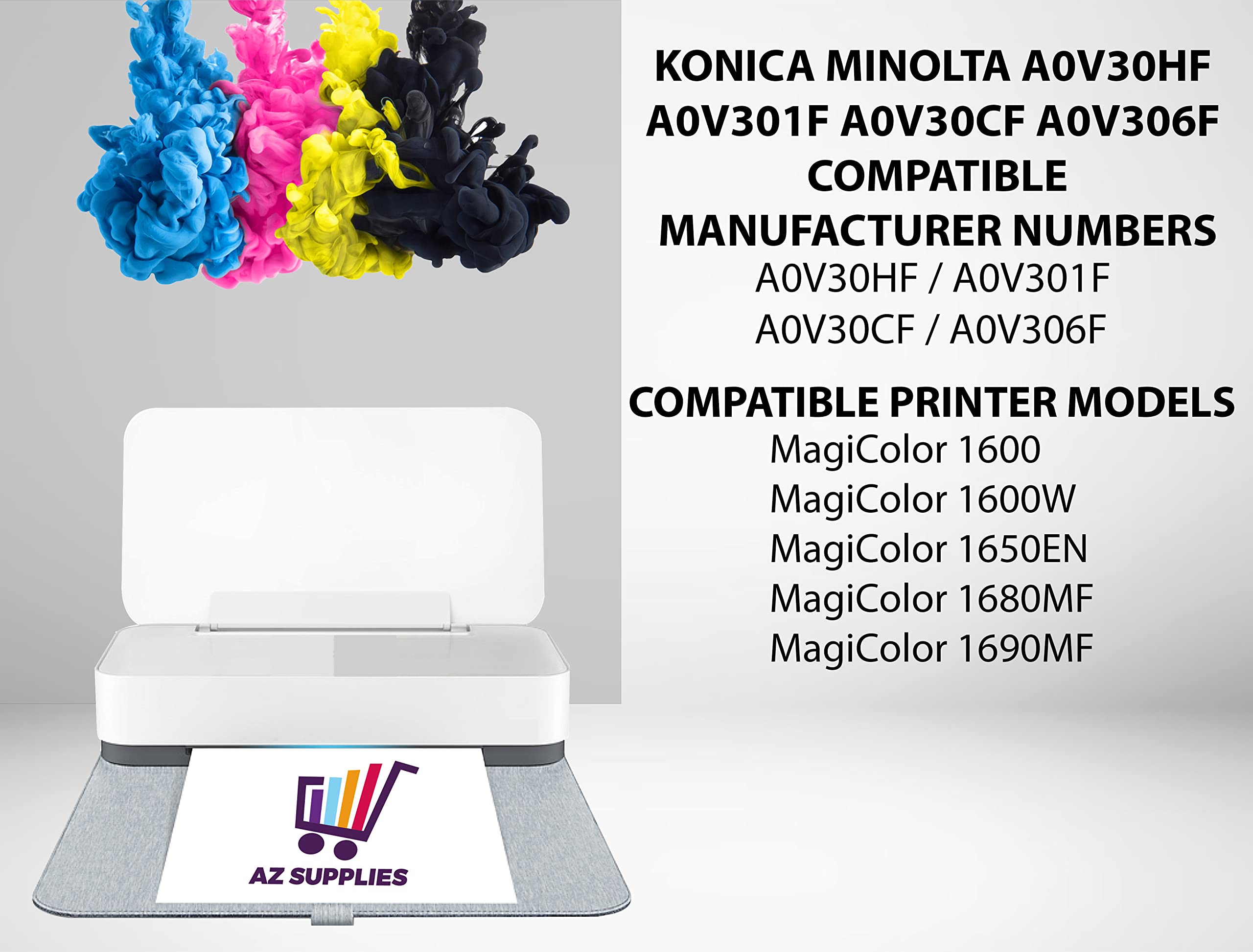 AZ SUPPLIES Compatible Toner Cartridge Replacement for Konica Minolta Magicolor 1600 1600w 1650en 1680mf 1690mf A0V30HF A0V301F A0V30CF A0V306F (2xBlack/Cyan/Magenta/Yellow) Black & Color 2500 Pages