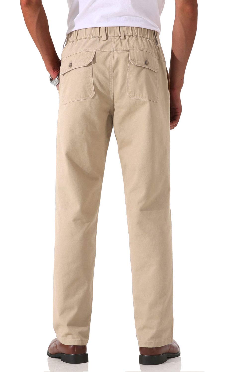 Soojun Men's Cotton Relaxed Fit Full Elastic Waist Twill Pants, Khaki, 40W x 32L