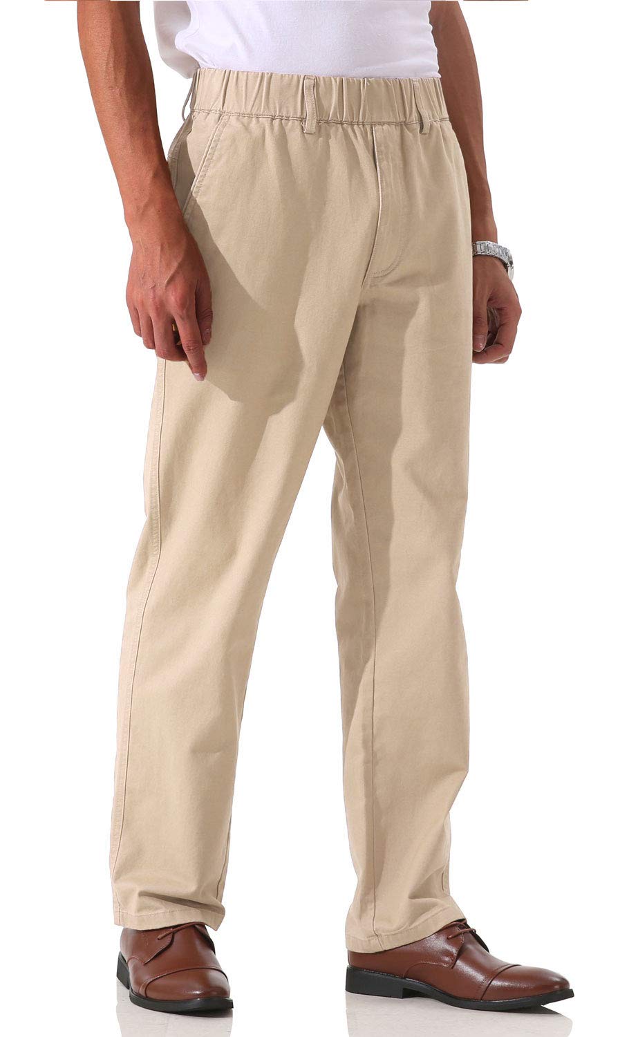 Soojun Men's Cotton Relaxed Fit Full Elastic Waist Twill Pants, Khaki, 40W x 32L