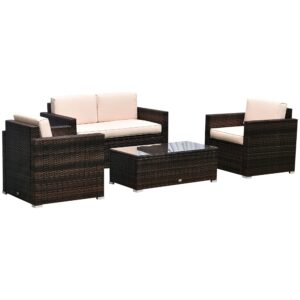 outsunny 4 piece wicker patio furniture set with cushions, outdoor sectional furniture with 2 sofa, loveseat, and glass top coffee table, conversation sofa sets for garden, beige