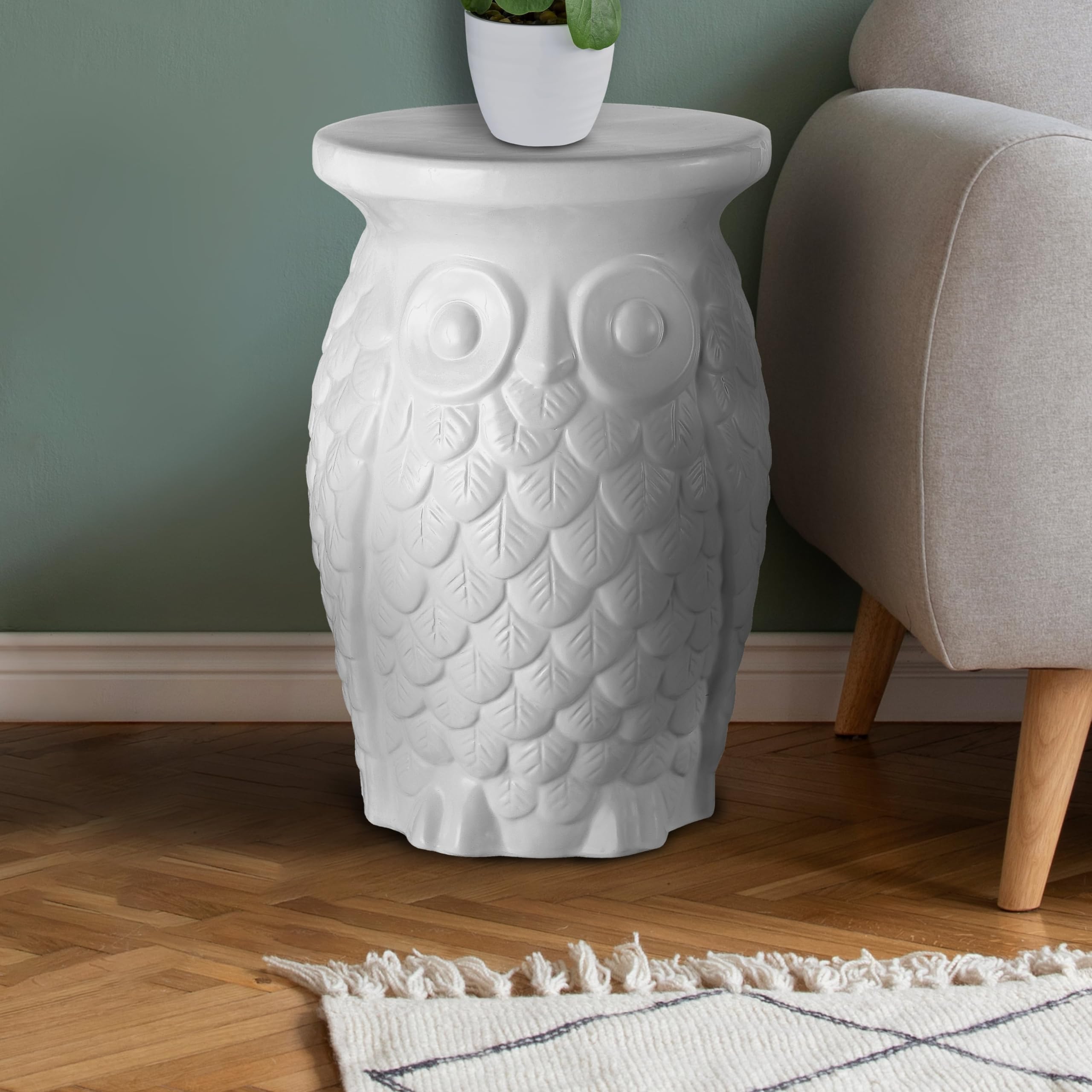 JONATHAN Y TBL1023A Groovy Owl 17.5" Ceramic Garden Stool Transitional, Traditional, Cottage, Classic, Bohemian, Side Table, Plant Stand, Spill-Proof, Living Room, Garden Room, Patio, White