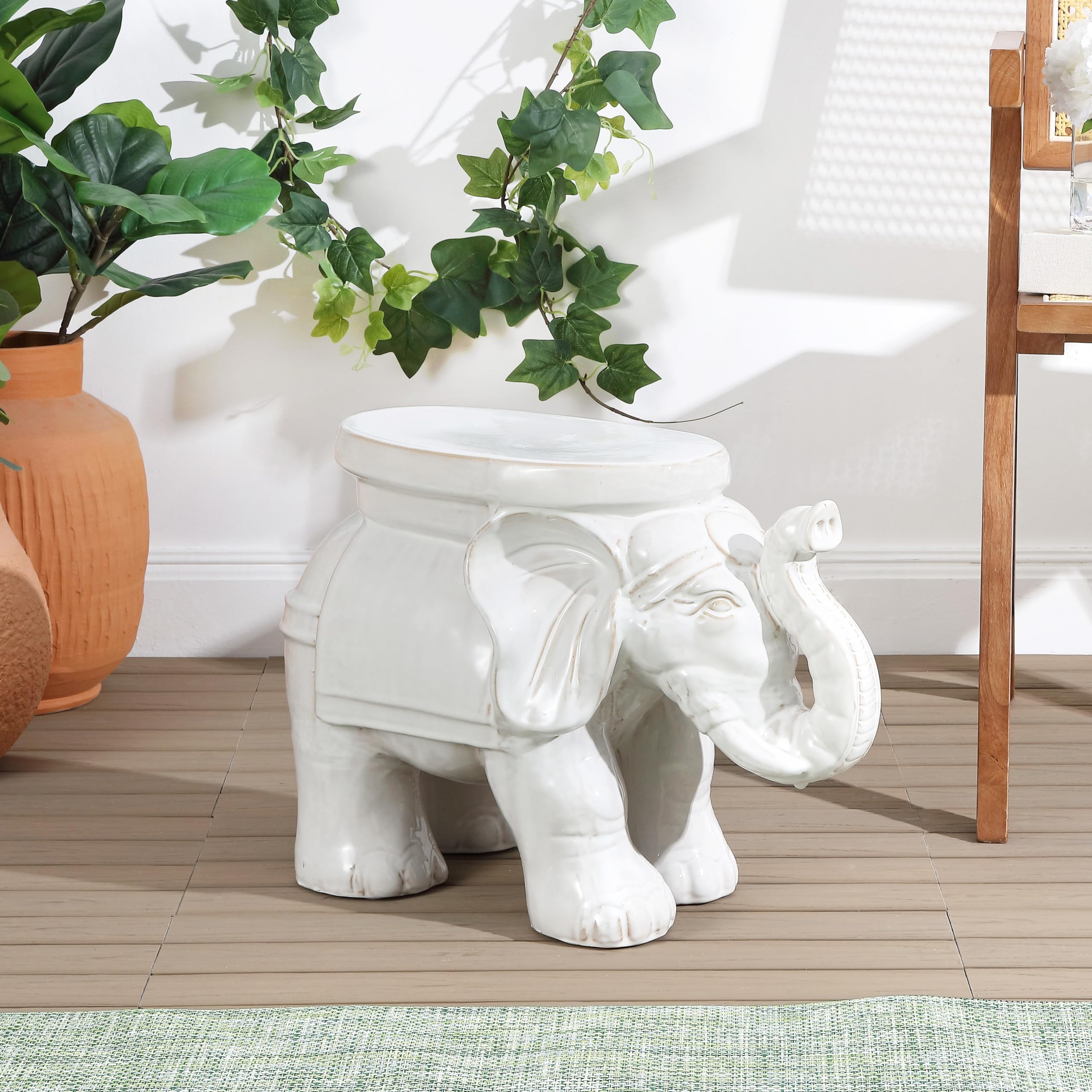 JONATHAN Y TBL1007A White Elephant 14.2" Ceramic Garden Stool, Coastal, Contemporary, Transitional, Side Table, Plant Stand, Spill-Proof, Living Room, Bathroom, Garden Room, Patio, Antique White