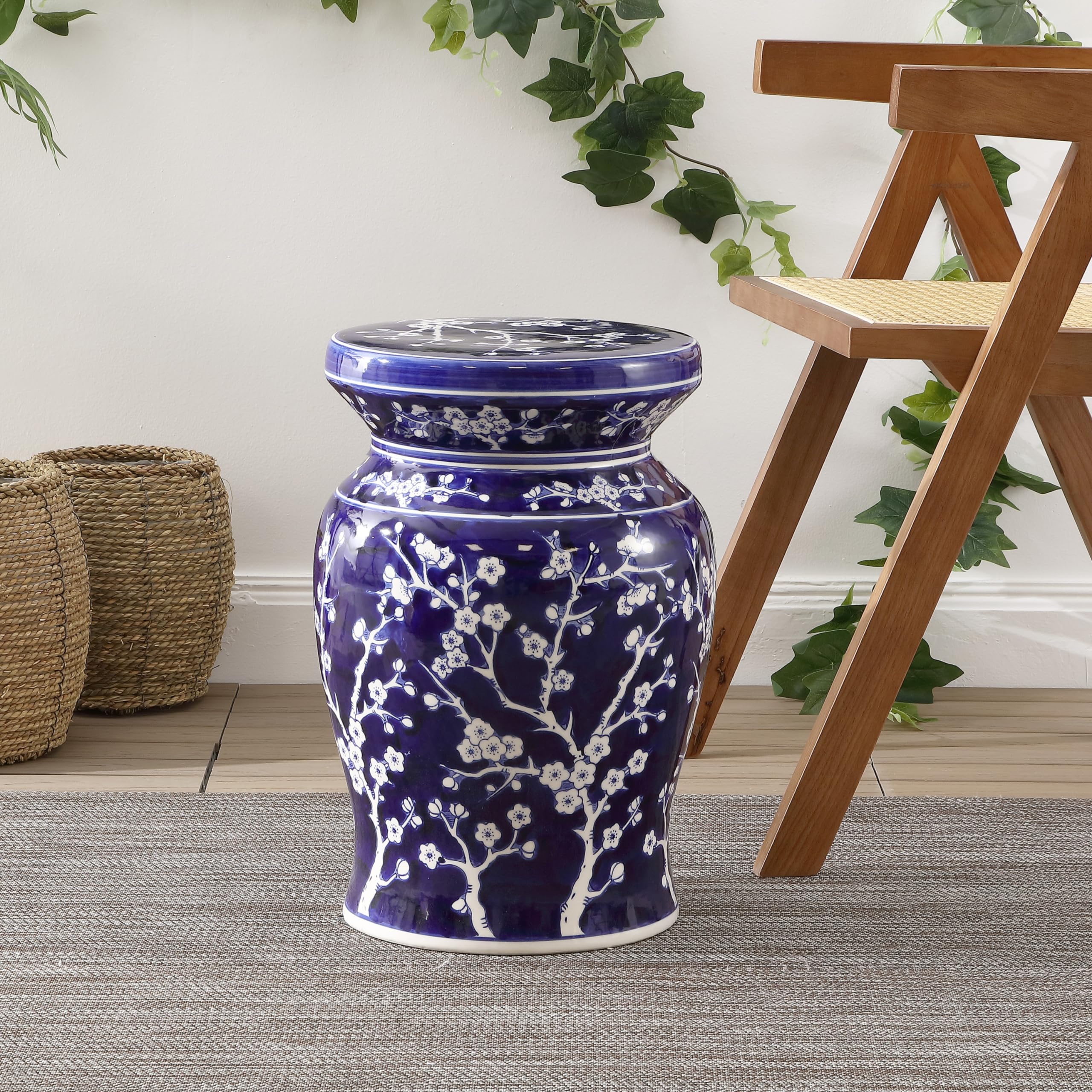 JONATHAN Y TBL1017A Cherry Blossom 17.7" Ceramic Garden Stool, Coastal, Contemporary, Transitional, Side Table, Plant Stand, Spill-Proof, Living Room, Garden Room, Patio, Navy/White