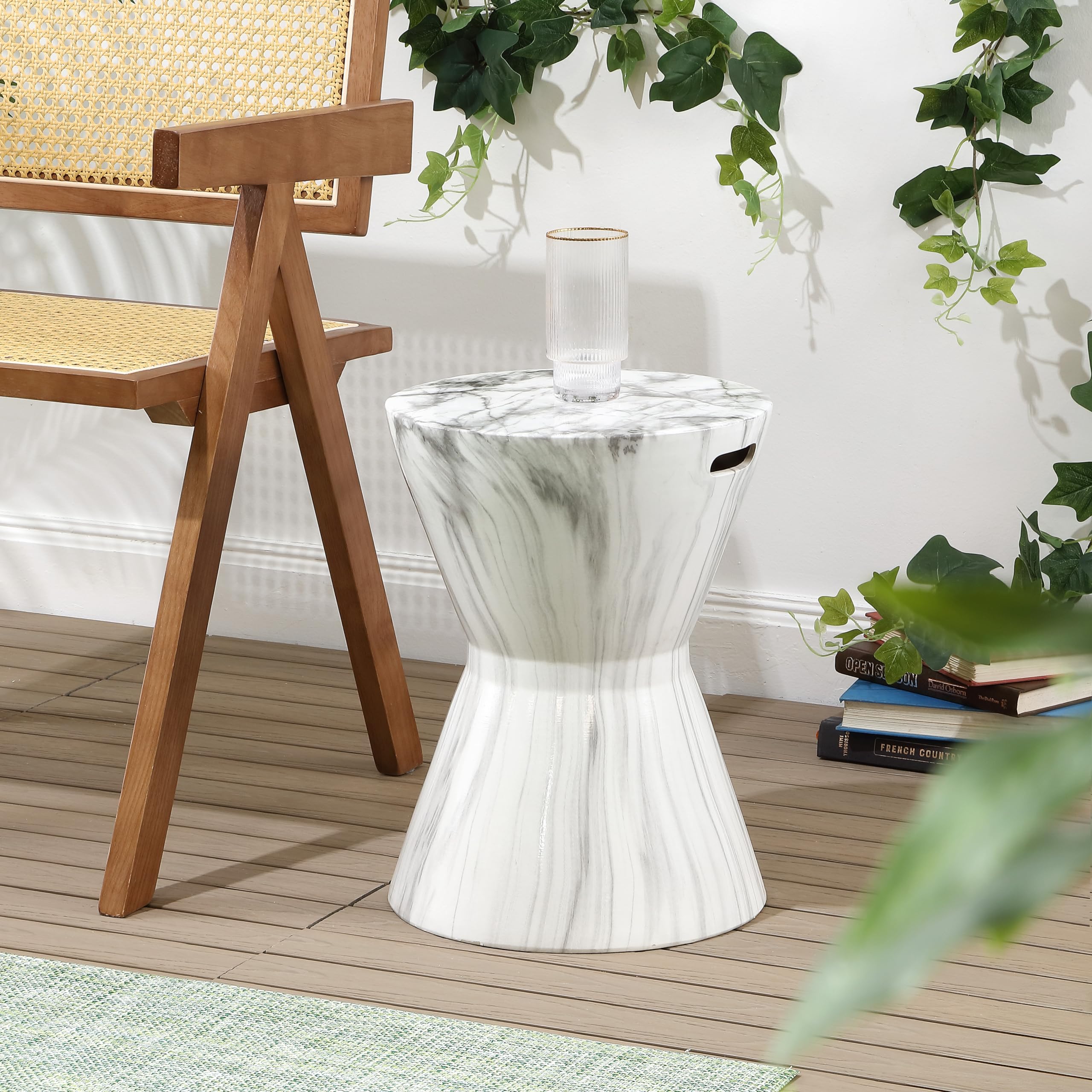 JONATHAN Y TBL1020A African Drum 17.3" White Marble Finish Ceramic Garden Stool, Contemporary, Midcentury, Modern, Scandinavian, Transitional, Side Table, Plant Stand, Spill-Proof, White Marble Finish