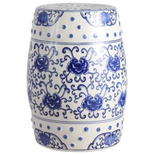 jonathan y tbl1000a lotus flower 17.8" chinoiserie ceramic drum garden stool bohemian, coastal, classic, cottage, french country, traditional, transitional, bathroom, garden room, patio, blue/white