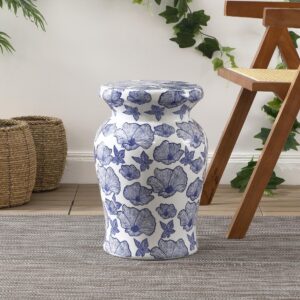 JONATHAN Y TBL1018A Poppies 17.7" Ceramic Garden Stool, Stylized Flower Design, Coastal, Contemporary, Modern, Transitional, Side Table, Plant Stand, Living Room, Garden Room, Patio, White/Blue