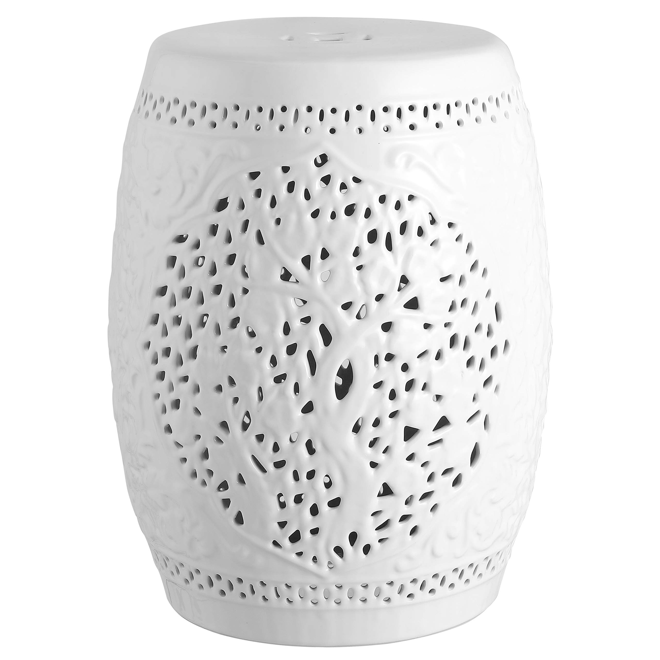 JONATHAN Y TBL1002A Tree of Life 18" Ceramic Garden Stool, Coastal, Contemporary, Modern, Transitional, Side Table, Plant Stand, Spill-Proof, Living Room, Garden Room, Patio, White