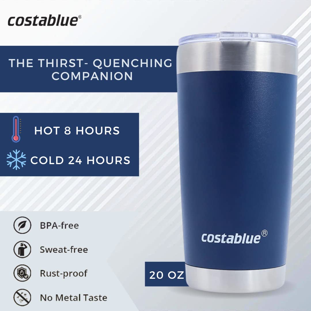 costablue Travel Coffee Mug - 20 Oz. Stainless Steel Insulated Coffee Mug, Leak Proof Tumbler w/Dishwasher Safe Lid, Double Wall Travel Coffee Cup, Reusable Insulated Tumbler for Hot & Cold Beverages