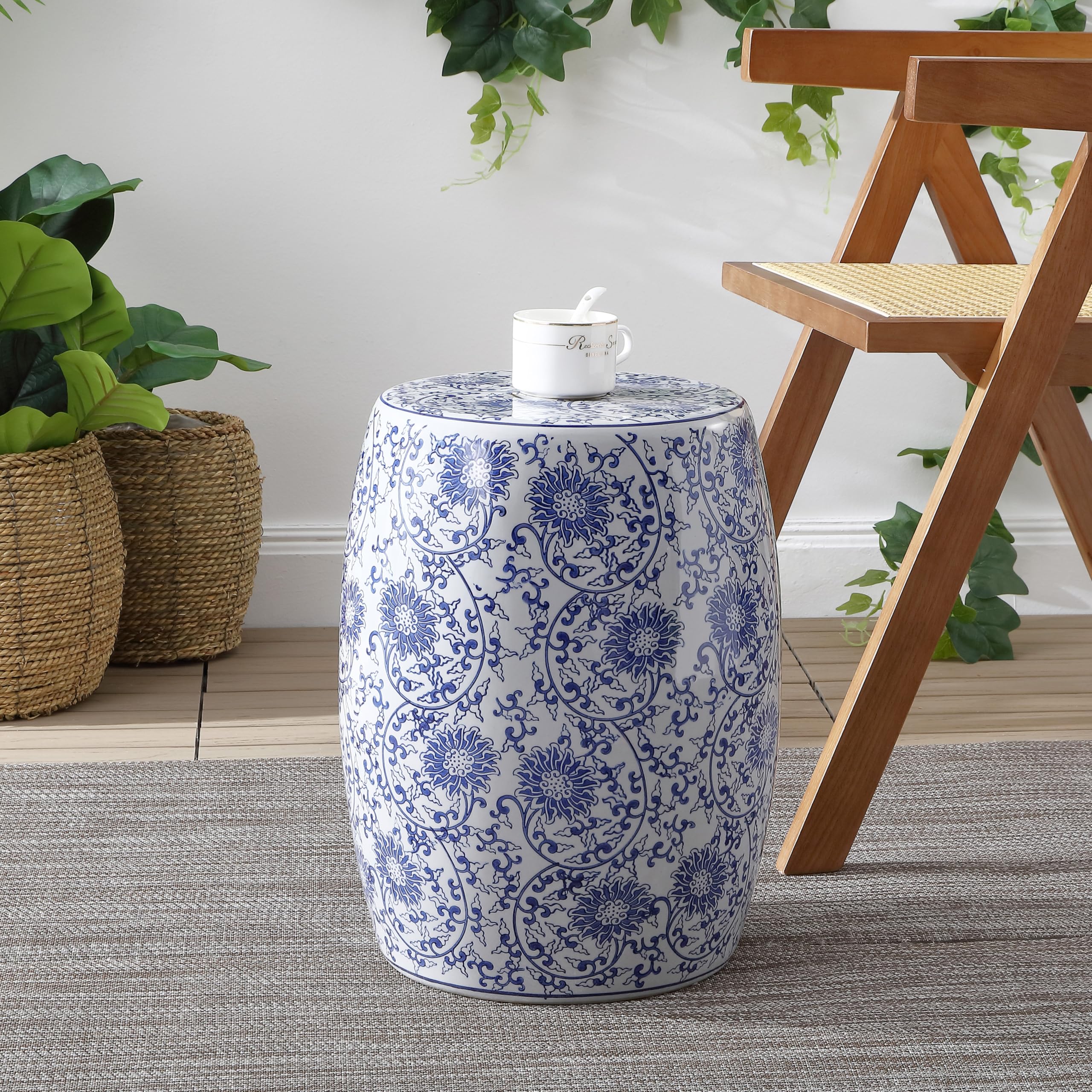 JONATHAN Y TBL1009A Lotus Blossom 17.5" Chinoiserie Ceramic Drum Garden Stool Bohemian, Coastal, Classic, Cottage, French Country, Traditional, Transitional, Bathroom, Garden Room, Patio, Blue/White