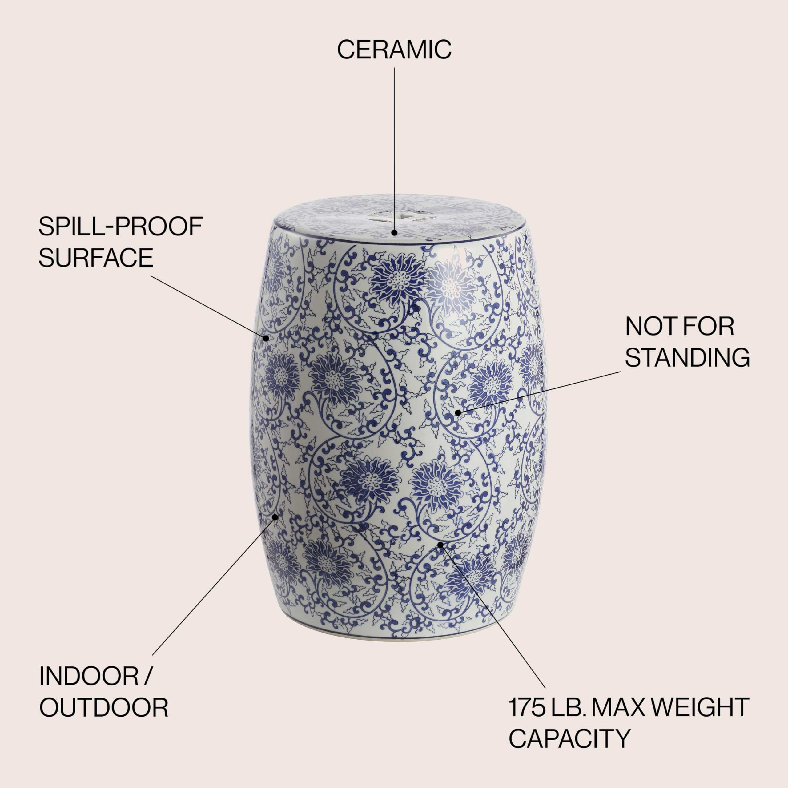 JONATHAN Y TBL1009A Lotus Blossom 17.5" Chinoiserie Ceramic Drum Garden Stool Bohemian, Coastal, Classic, Cottage, French Country, Traditional, Transitional, Bathroom, Garden Room, Patio, Blue/White