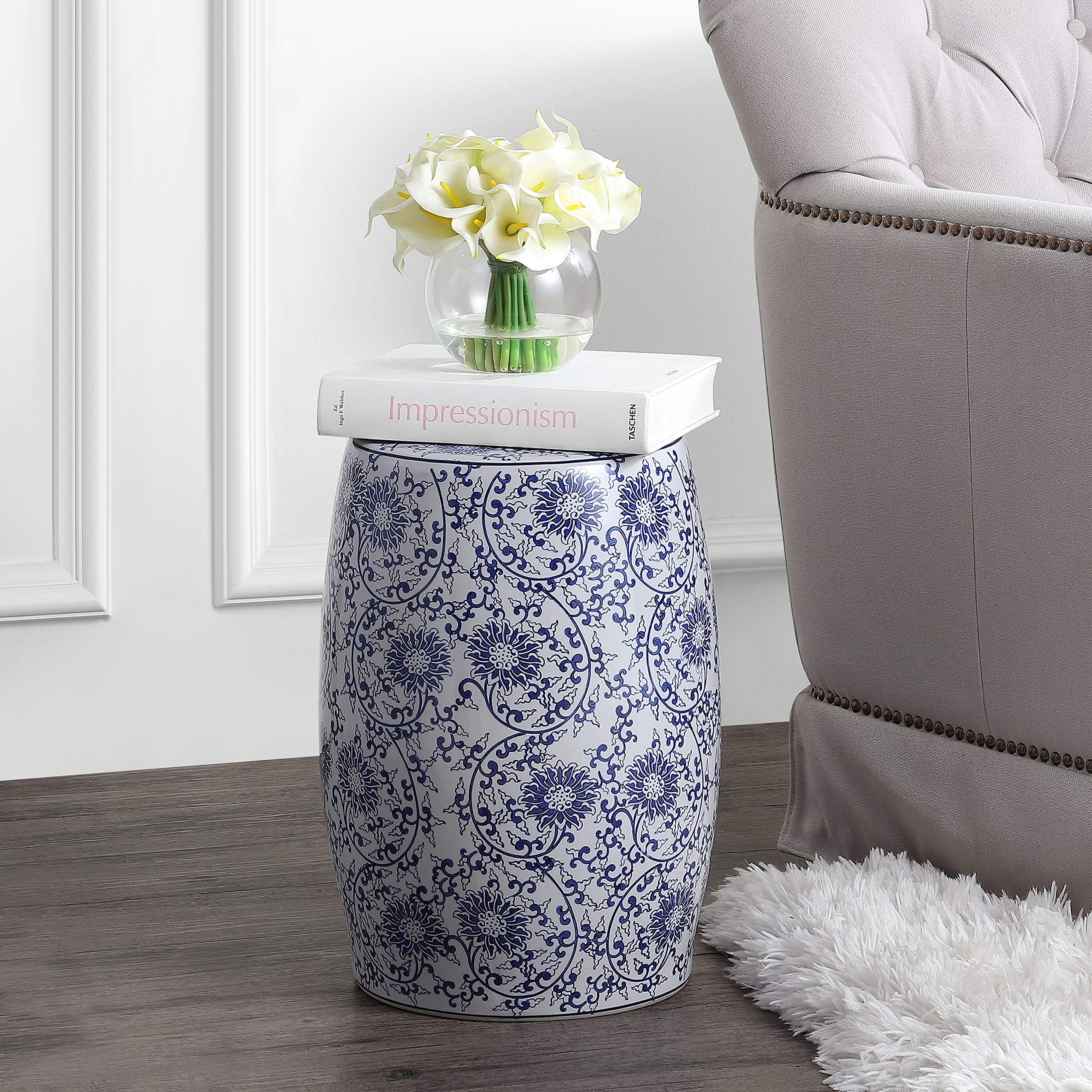 JONATHAN Y TBL1009A Lotus Blossom 17.5" Chinoiserie Ceramic Drum Garden Stool Bohemian, Coastal, Classic, Cottage, French Country, Traditional, Transitional, Bathroom, Garden Room, Patio, Blue/White