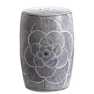 jonathan y tbl1005a camellia 17" ceramic drum garden stool, stylized flower on white background, coastal, contemporary, modern, transitional, spill-proof, living room, garden room, patio, blue