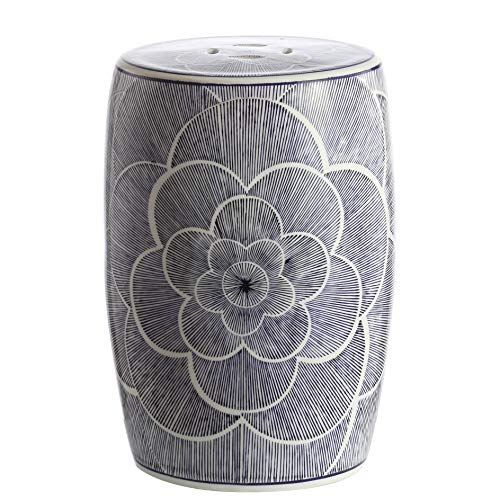 JONATHAN Y TBL1005A Camellia 17" Ceramic Drum Garden Stool, Stylized Flower on White Background, Coastal, Contemporary, Modern, Transitional, Spill-Proof, Living Room, Garden Room, Patio, Blue