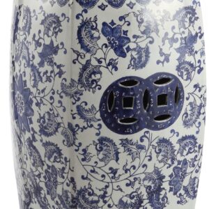 JONATHAN Y TBL1011A Floral Vine 18.5" Chinoiserie Ceramice Square Garden Stool Bohemian, Coastal, Classic, Cottage, French Country, Traditional, Transitional, Bathroom, Garden Room, Patio, Blue/White