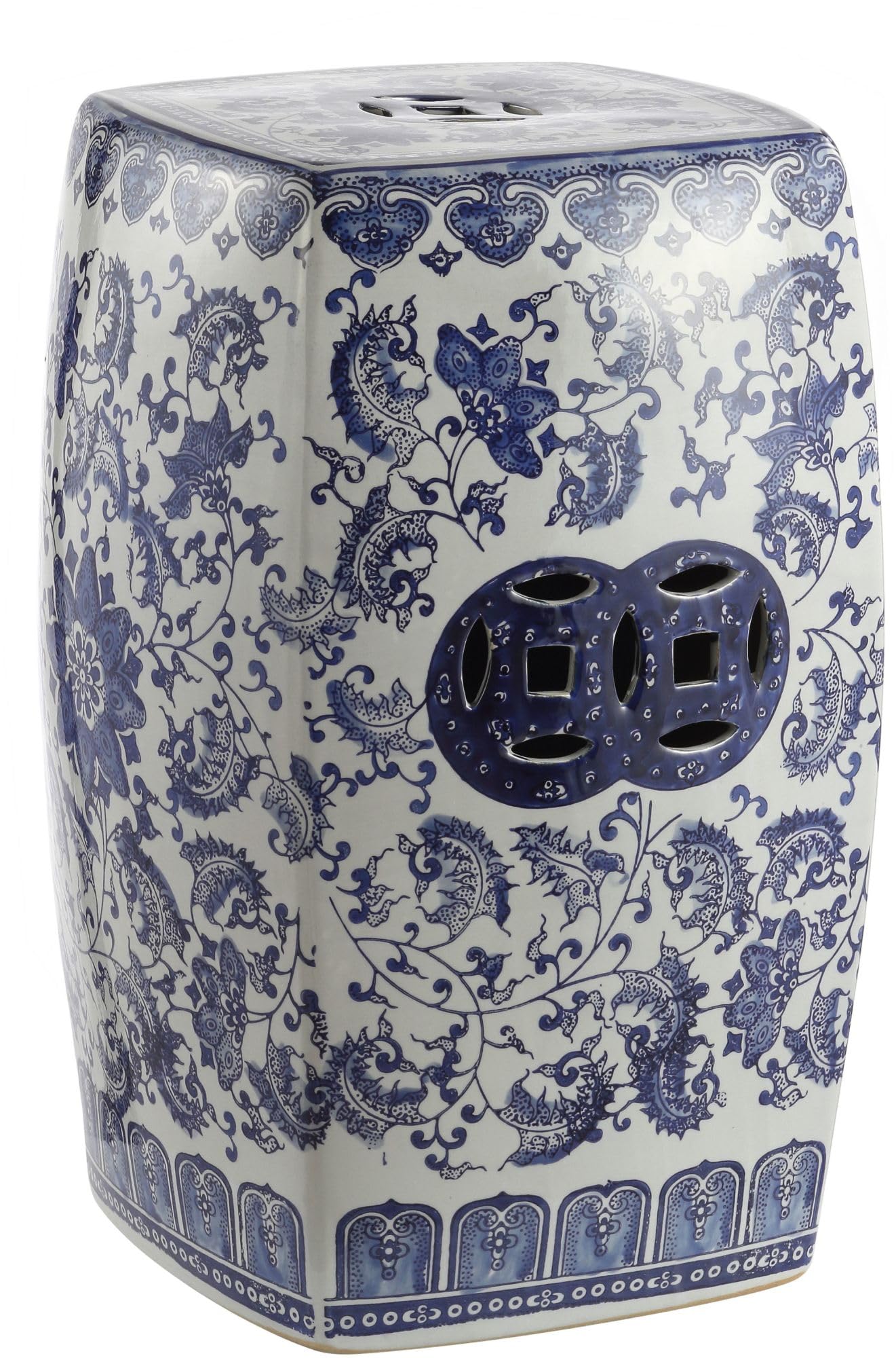 JONATHAN Y TBL1011A Floral Vine 18.5" Chinoiserie Ceramice Square Garden Stool Bohemian, Coastal, Classic, Cottage, French Country, Traditional, Transitional, Bathroom, Garden Room, Patio, Blue/White