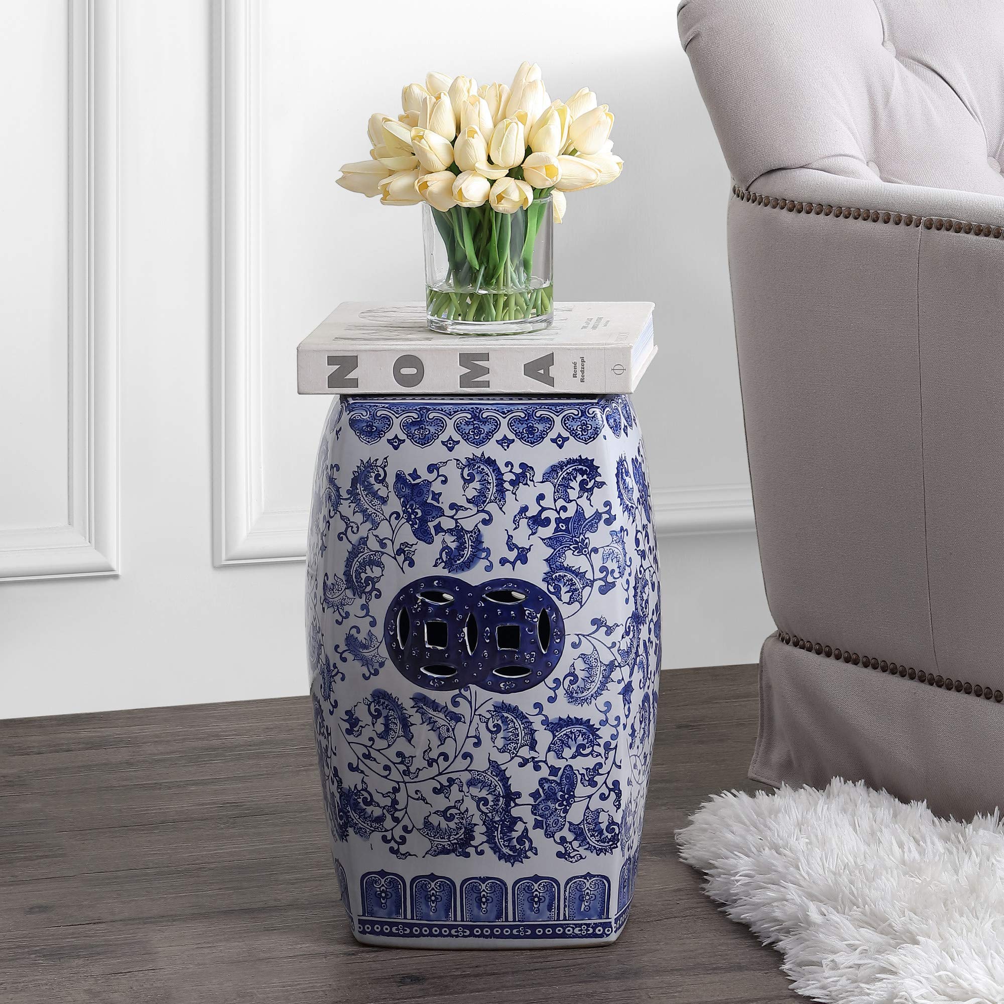 JONATHAN Y TBL1011A Floral Vine 18.5" Chinoiserie Ceramice Square Garden Stool Bohemian, Coastal, Classic, Cottage, French Country, Traditional, Transitional, Bathroom, Garden Room, Patio, Blue/White