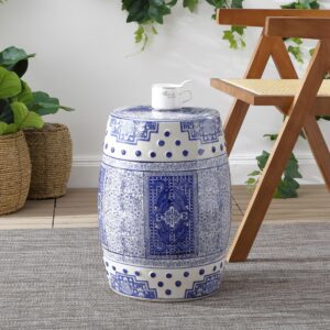 JONATHAN Y TBL1003A Acanthus 17.8" Chinoiserie Ceramic Drum Garden Stool, Bohemian, Coastal, Classic, Cottage, French Country, Traditional, Transitional, Living Room, Garden Room, Patio, Blue/White