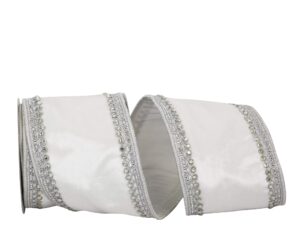 reliant ribbon 93440w-981-10d plush velvet jewel trim wired edge ribbon, 4 inch x 5 yards, white/silver