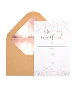 chriz.z invitation cards - 24-count 4" x 6" white invitation cards ‘’you are invited’’ in rose gold foil with 26 foil kraft envelopes – for wedding, bridal shower, baby shower, birthday