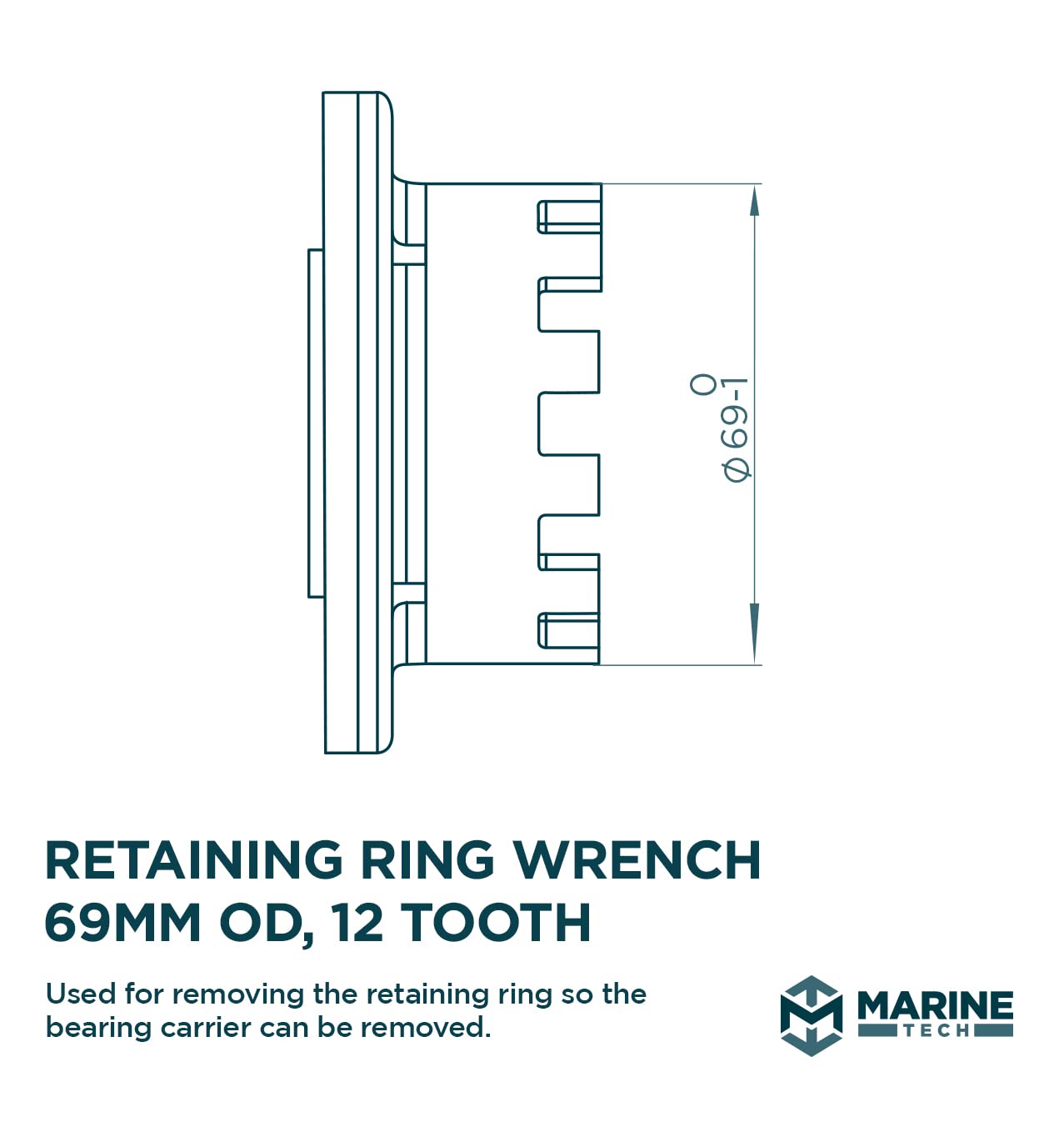 Marine Tech Retaining Ring Wrench 69mm OD, 12 Tooth, Attachment to Wrench Handle (AMT0031), Fits Yamaha, Mercury, Honda Retaining Rings, Removes Bearing Carriers