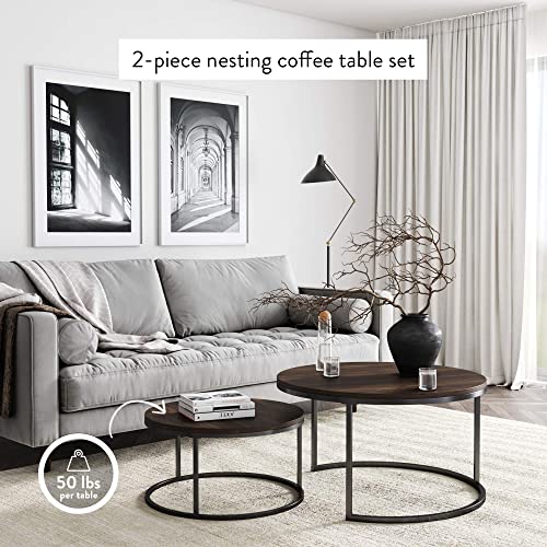 Nathan James Stella Round Modern Nesting Coffee Set of 2, Stacking Living Room Accent Tables with an Industrial Wood Finish and Powder Coated Metal Frame, Warm Nutmeg/Matte Black