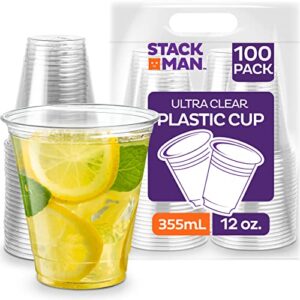 stack man [100 pack - 12 oz.] clear disposable plastic cups pet crystal clear disposable 12oz plastic cups