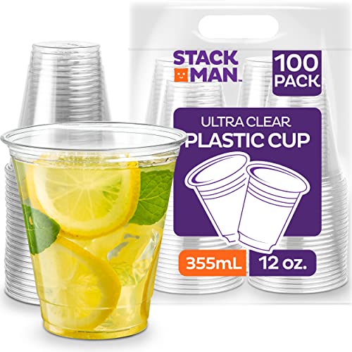 Stack Man [100 Pack - 12 oz.] Clear Disposable Plastic Cups PET Crystal Clear Disposable 12oz Plastic Cups