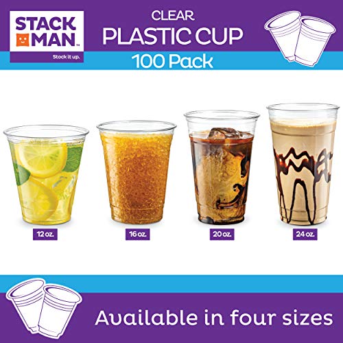 Stack Man [100 Pack - 12 oz.] Clear Disposable Plastic Cups PET Crystal Clear Disposable 12oz Plastic Cups