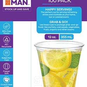 Stack Man [100 Pack - 12 oz.] Clear Disposable Plastic Cups PET Crystal Clear Disposable 12oz Plastic Cups