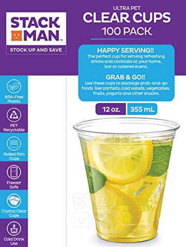 Stack Man [100 Pack - 12 oz.] Clear Disposable Plastic Cups PET Crystal Clear Disposable 12oz Plastic Cups