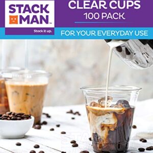 Stack Man [100 Pack - 12 oz.] Clear Disposable Plastic Cups PET Crystal Clear Disposable 12oz Plastic Cups