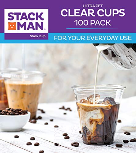 Stack Man [100 Pack - 12 oz.] Clear Disposable Plastic Cups PET Crystal Clear Disposable 12oz Plastic Cups