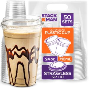 24 oz clear plastic cups with strawless sip-lids [50 sets] pet crystal clear disposable 16oz plastic cups with lids - crystal clear, durable cup - bpa free + crack resistant, for coffee, juice, shakes