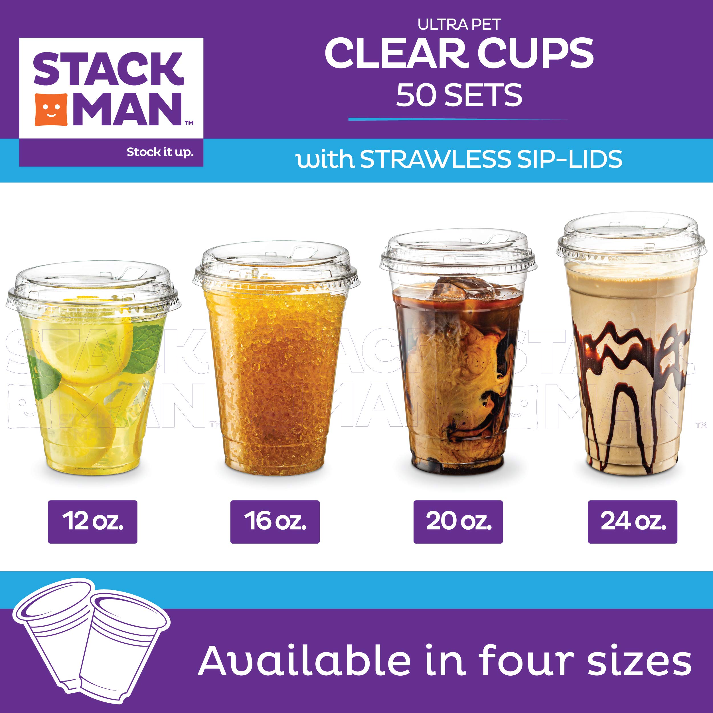 24 oz Clear Plastic Cups with Strawless Sip-Lids [50 Sets] PET Crystal Clear Disposable 16oz Plastic Cups with Lids - Crystal Clear, Durable Cup - BPA Free + Crack Resistant, for Coffee, Juice, Shakes