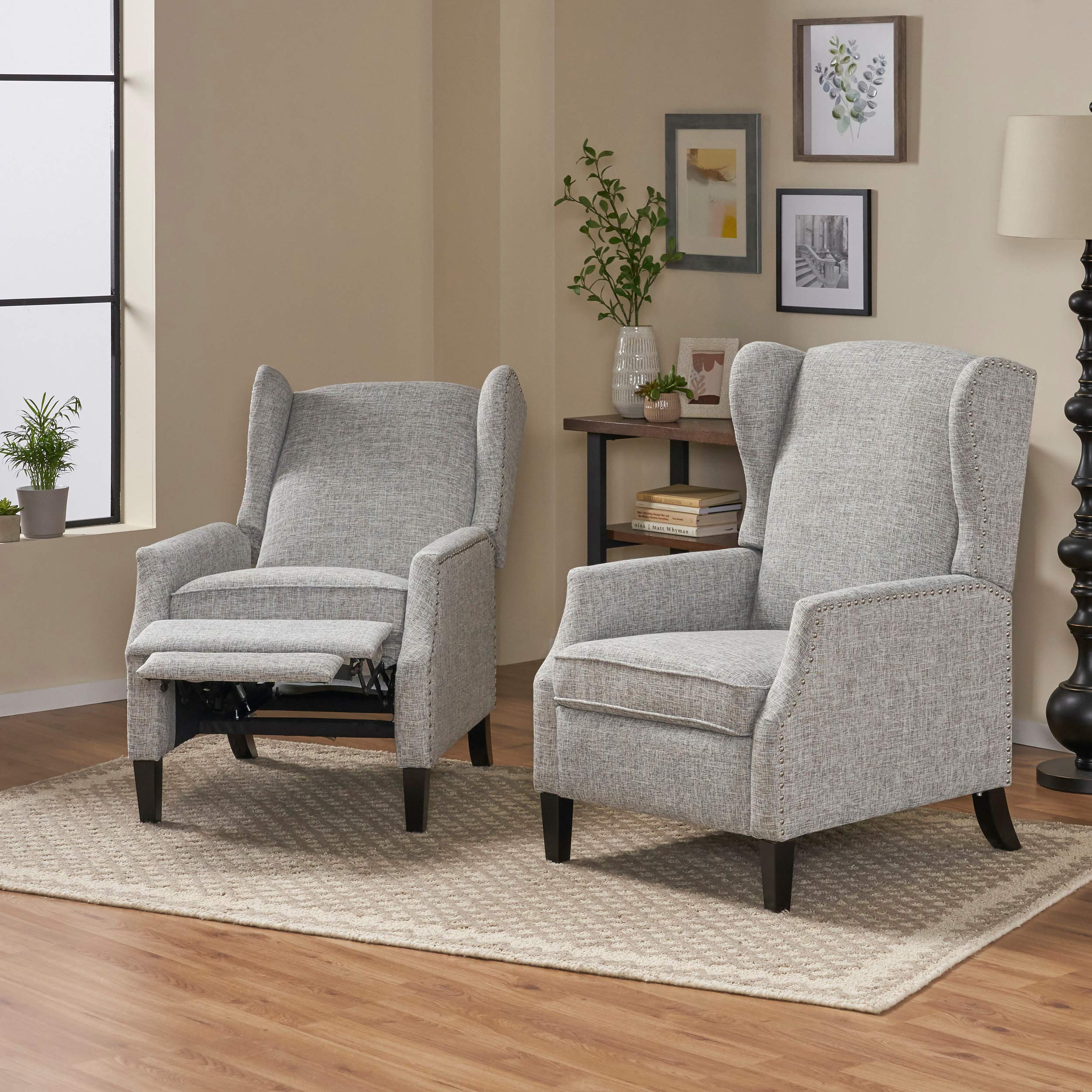 Christopher Knight Home Ellyn Fabric Recliner (Set of 2), Light Gray Tweed, Dark Brown