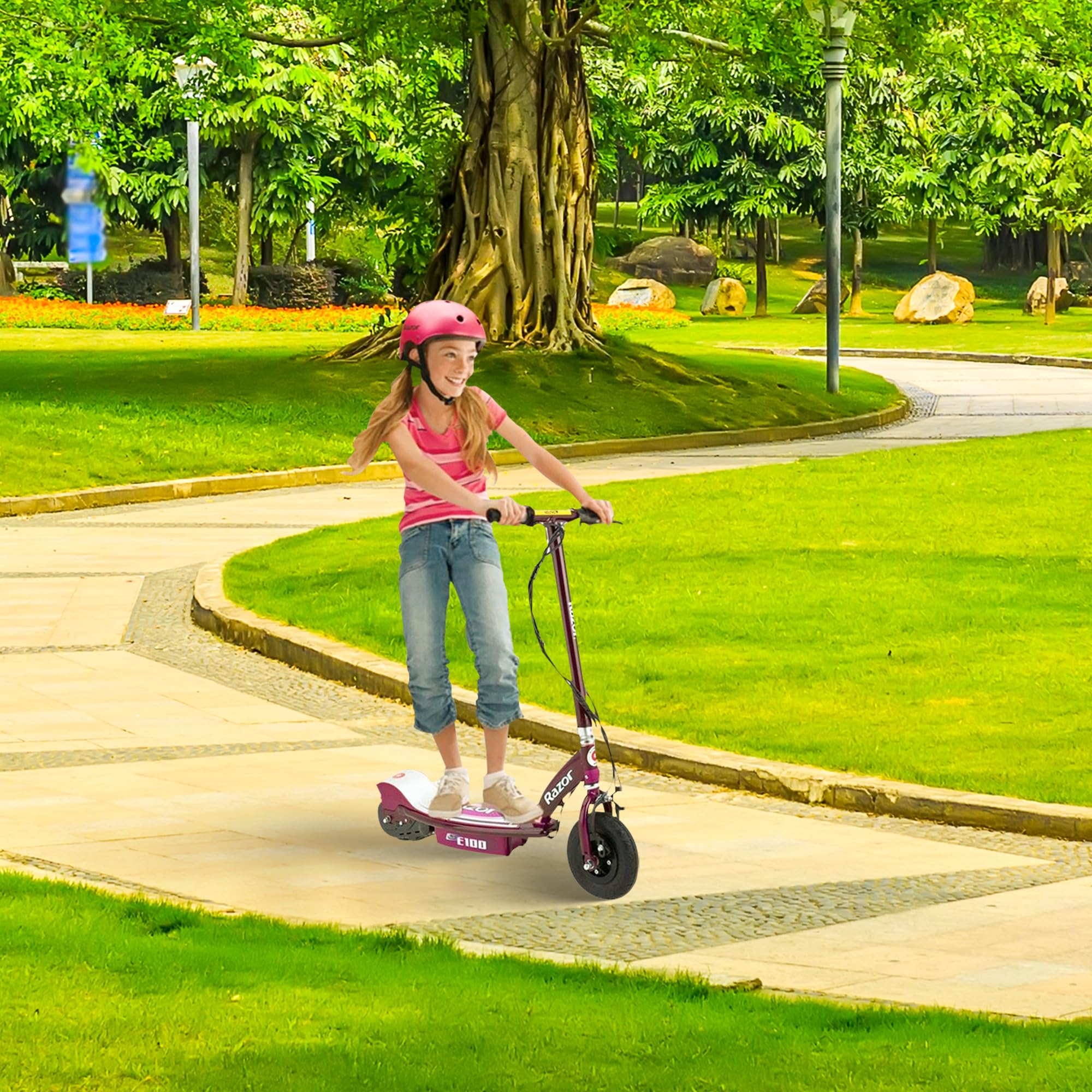 Razor Kids Ride On 24 Volt Motorized Rechargeable Electric Scooter Toy with Brakes and Pneumatic Tires for Kids Ages 8 and Up, Purple