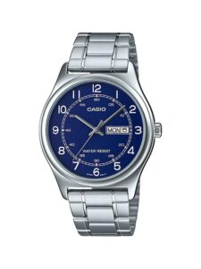 casio mtp-v006d-2b men's stainless steel easy reader blue dial day date analog dress watch