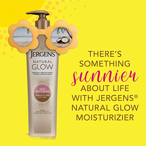 Jergens Natural Glow Sunless Tanning Lotion, Medium to Deep Self Tanner Tone, 10 Ounce Daily Moisturizer Pump, featuring Antioxidants and Vitamin E, (2 Pack)