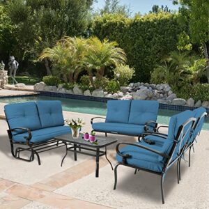 Oakcloud 5-Piece Outdoor Metal Furniture Sets Patio Conversation Set Wrought Iron Glider, 2 Single Chairs, Loveseat and Coffee Table, Peacock Blue