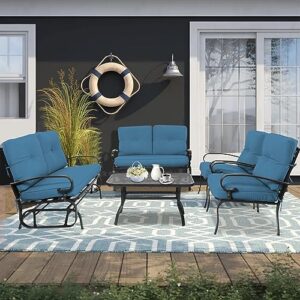 Oakcloud 5-Piece Outdoor Metal Furniture Sets Patio Conversation Set Wrought Iron Glider, 2 Single Chairs, Loveseat and Coffee Table, Peacock Blue